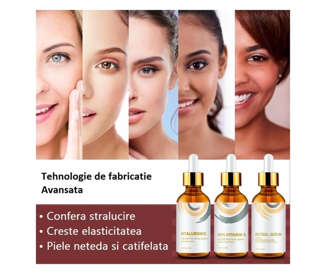 Set trei seruri faciale, Acid Hialuronic, Vitamina C, Retinol, Envisha ...